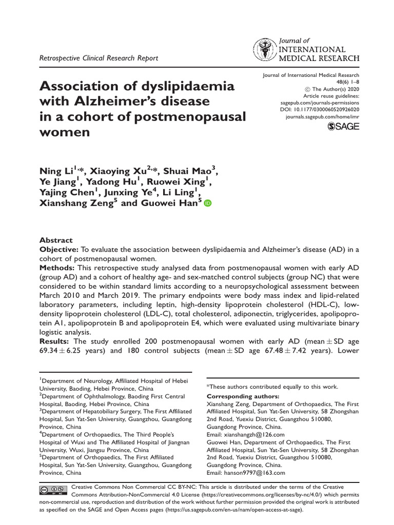 Association of Dyslipidaemia Women Post Menopausal | PDF