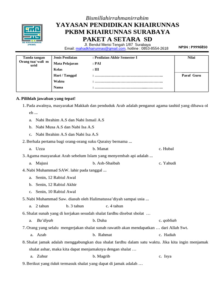 UAS SEMISTER 1 PAI KELAS 3 | PDF