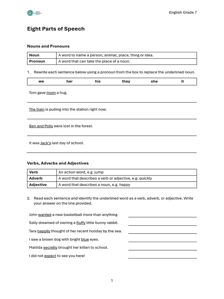 Grade 7 English - Eight Parts of Speech | PDF