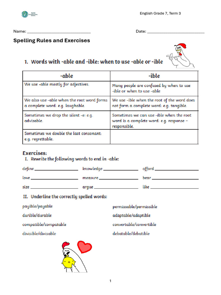 Grade 7 English - Spelling Rules and Exercises | PDF