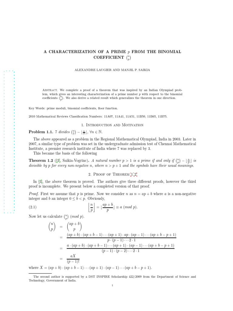 A Characterization of A Prime From The Binomial Coefficient: Divides | PDF