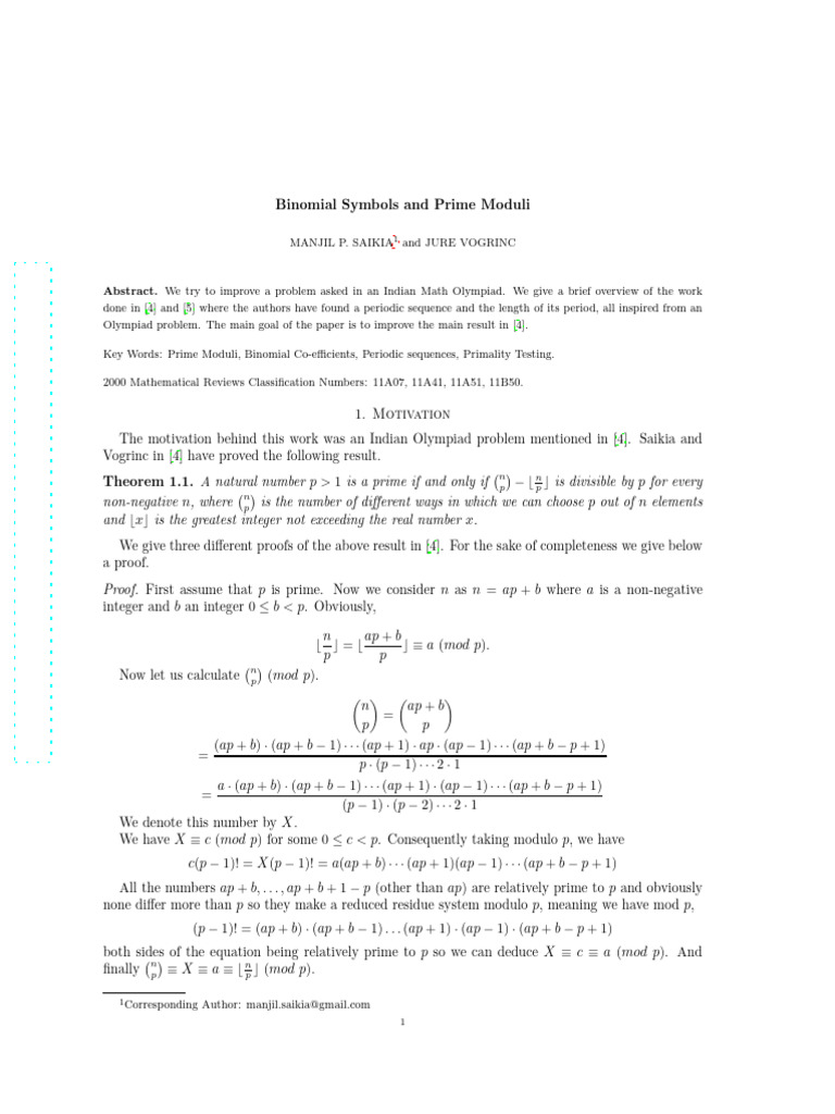 Binomial Symbols and Prime Moduli: Abstract | PDF