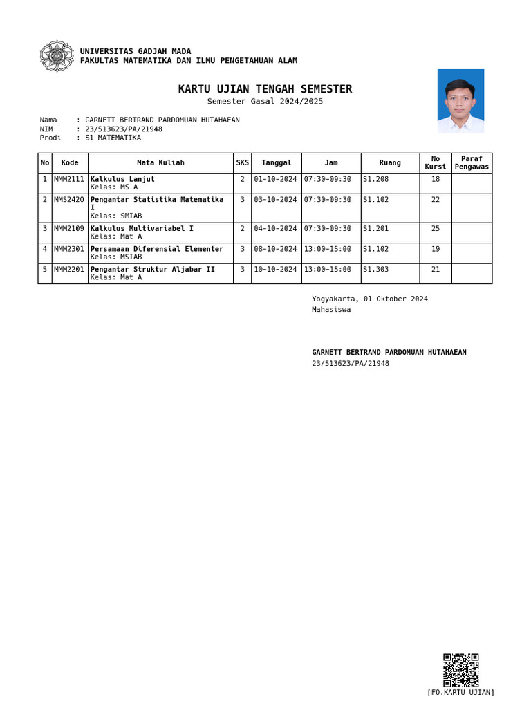 Kartu Ujian Tengah Semester: Universitas Gadjah Mada Fakultas ...