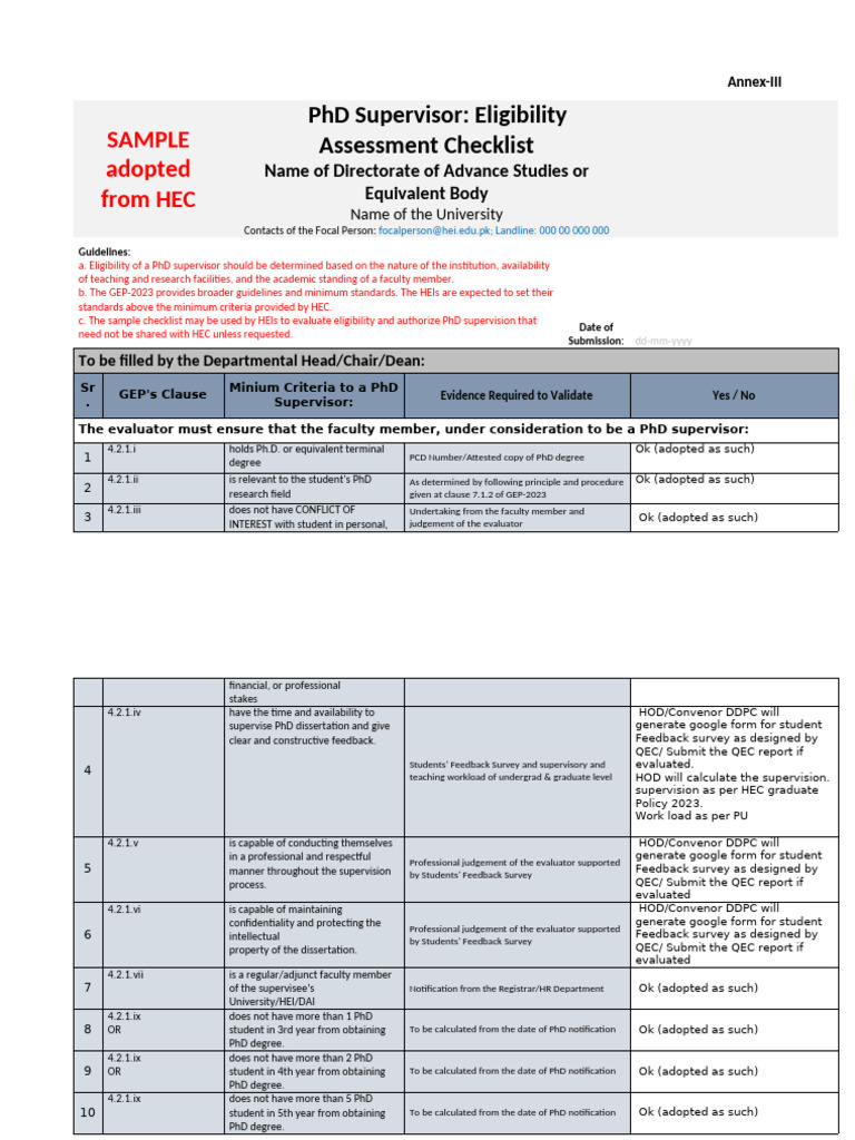 PHD Supervisor Eligiblity Assessment Checklist | PDF
