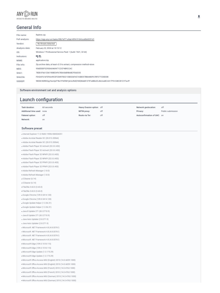 Malware Analysis Radmin - Zip - ANY - Run - Malware Sandbox Online | PDF