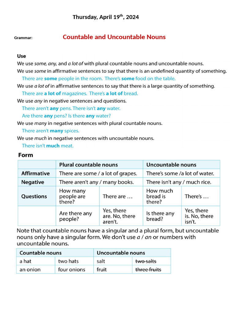 Countable and Uncountable Nouns -Unit 6 | PDF