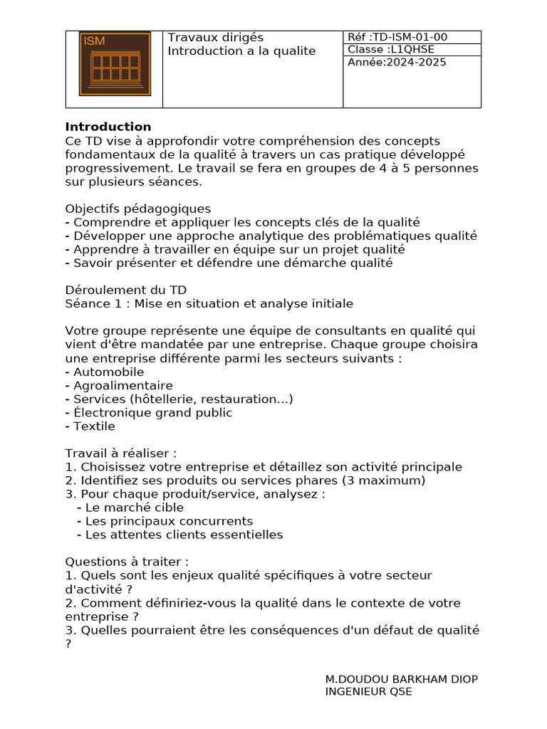 TD Introduction A La Qualite Ism | PDF