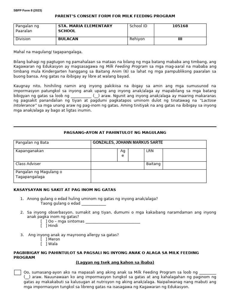 Parents Consent Milk Feeding | PDF | Lifestyle