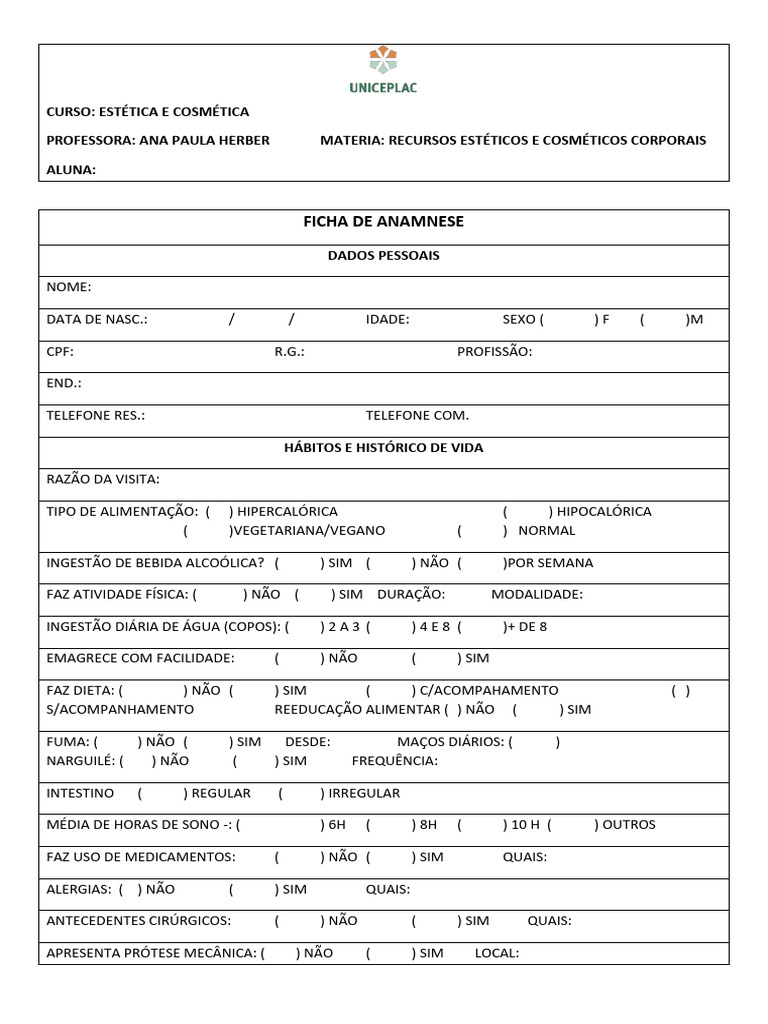 Ficha de Anamnese Corporal 4 Periodo Atualizada | PDF