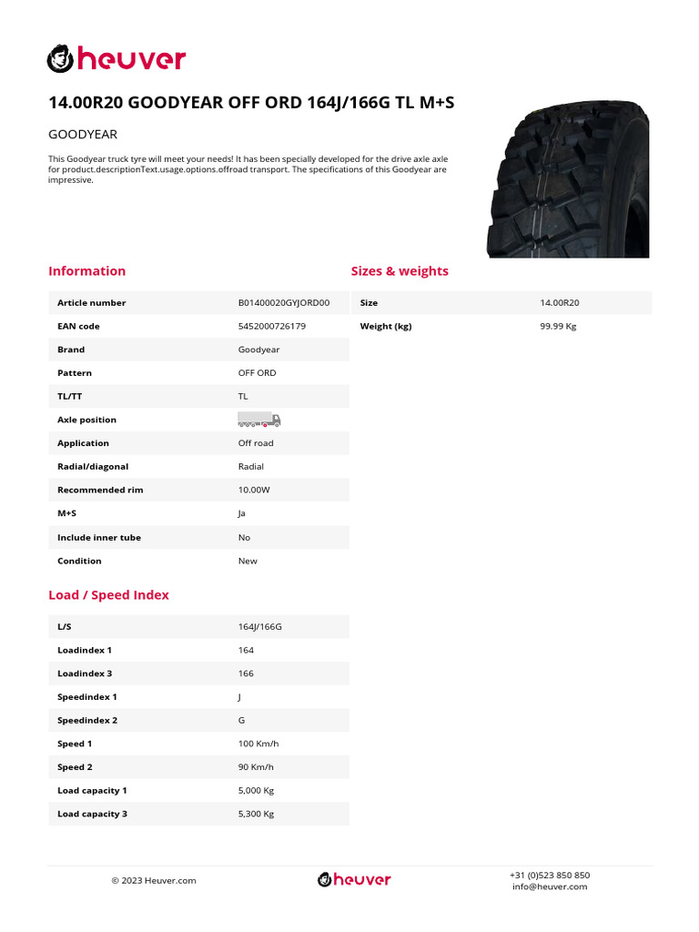 14 00r20 Goodyear Off Ord 164j 166g TL M S | PDF