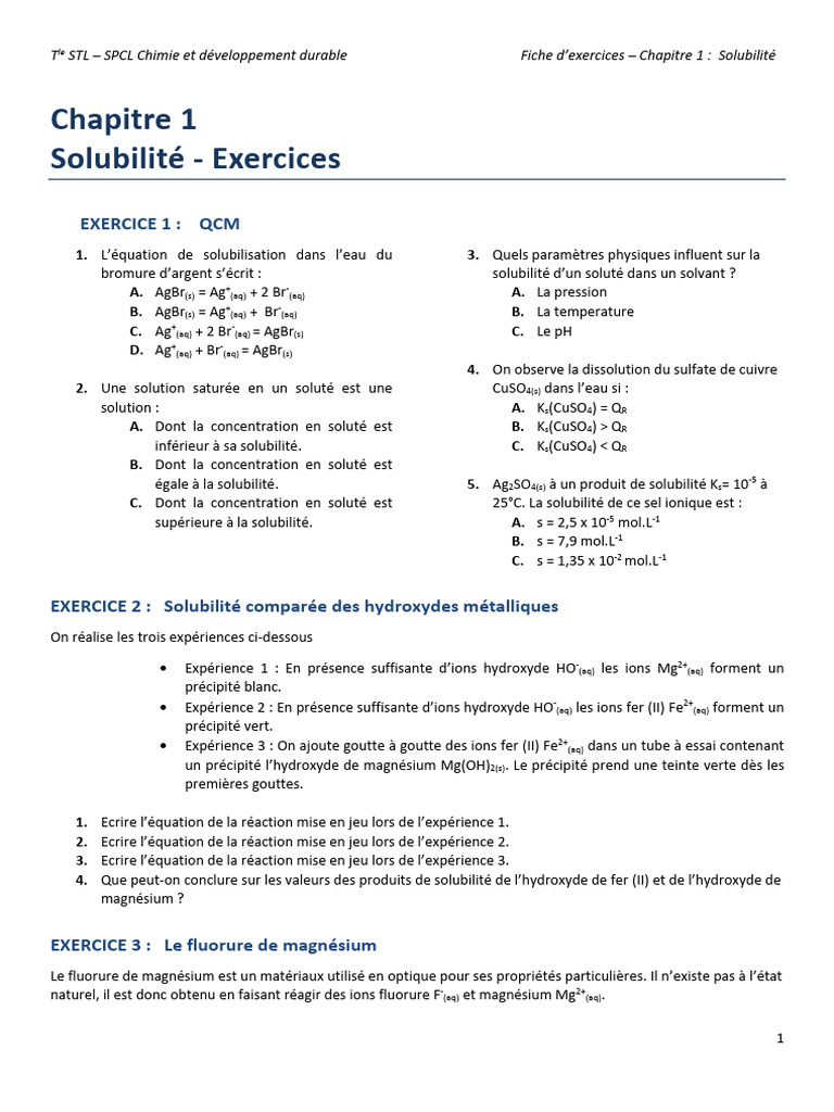 Chapitre 1 - Solubilite - Exercices | PDF