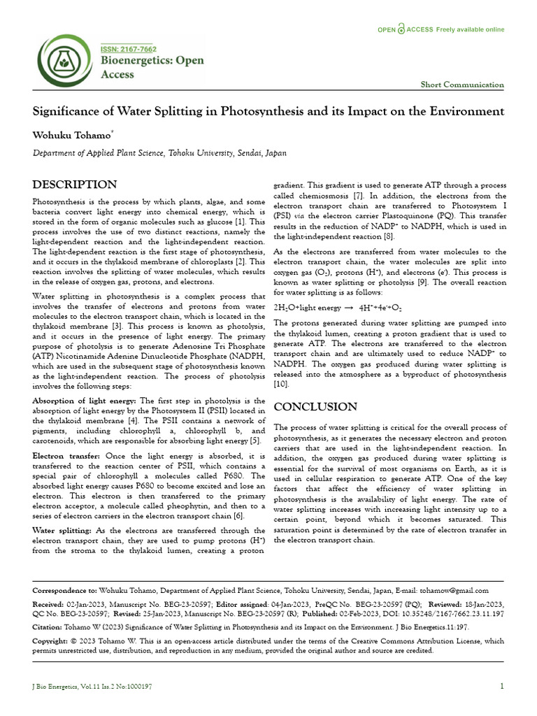 Significance of Water Splitting in Photosynthesis and Its Impact On The ...
