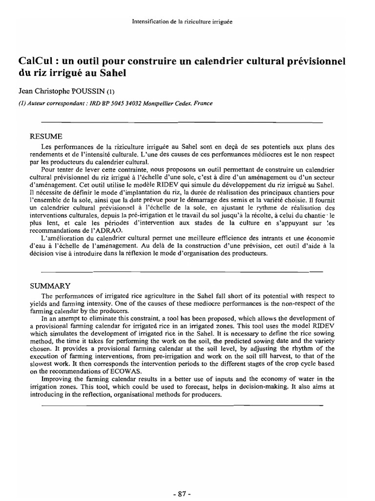 Calcul: Un Outil Pour Construire Un Calendrier Cultural Prévisionnel Du ...