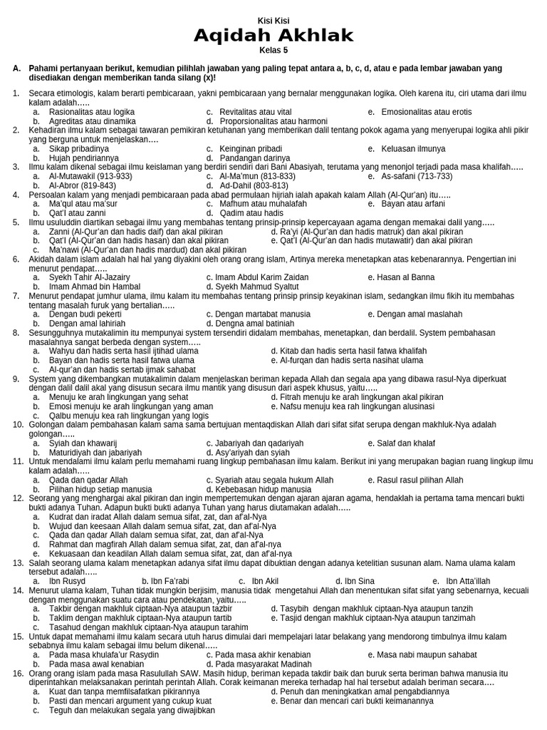 Kisi Kisi Aqidah Akhlak Kelas 5 | PDF