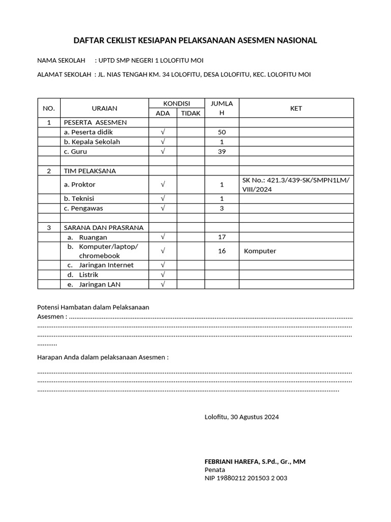 Daftar Ceklist Kesiapan Pelaksanaan Asesmen Nasional | PDF