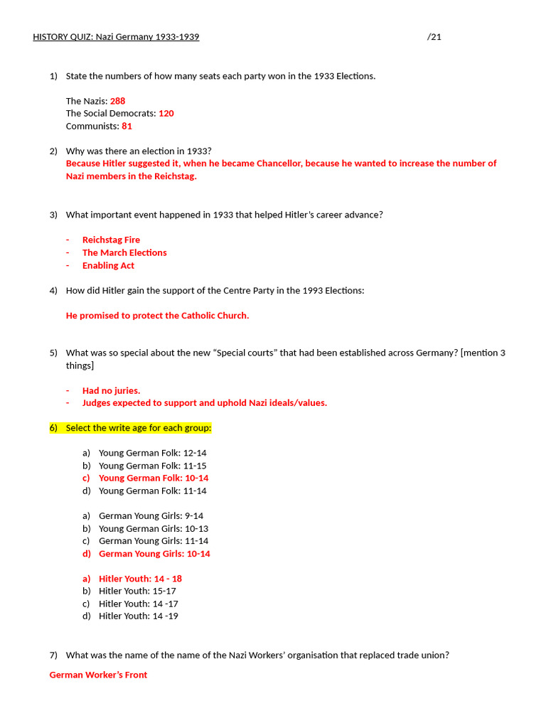 HISTORY QUIZ - Nazi Germany 1933-1939 | PDF