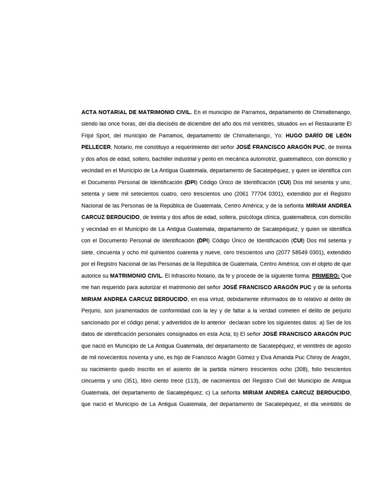 Acta Notarial de Matrimonio Civil Andrea Carcuz y Francisco Aragón | PDF