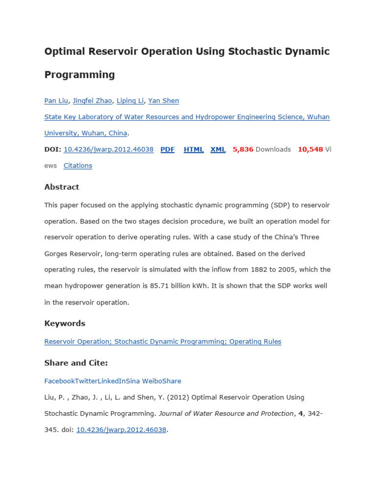 Optimal Reservoir Operation Using Stochastic Dynamic Programming | PDF