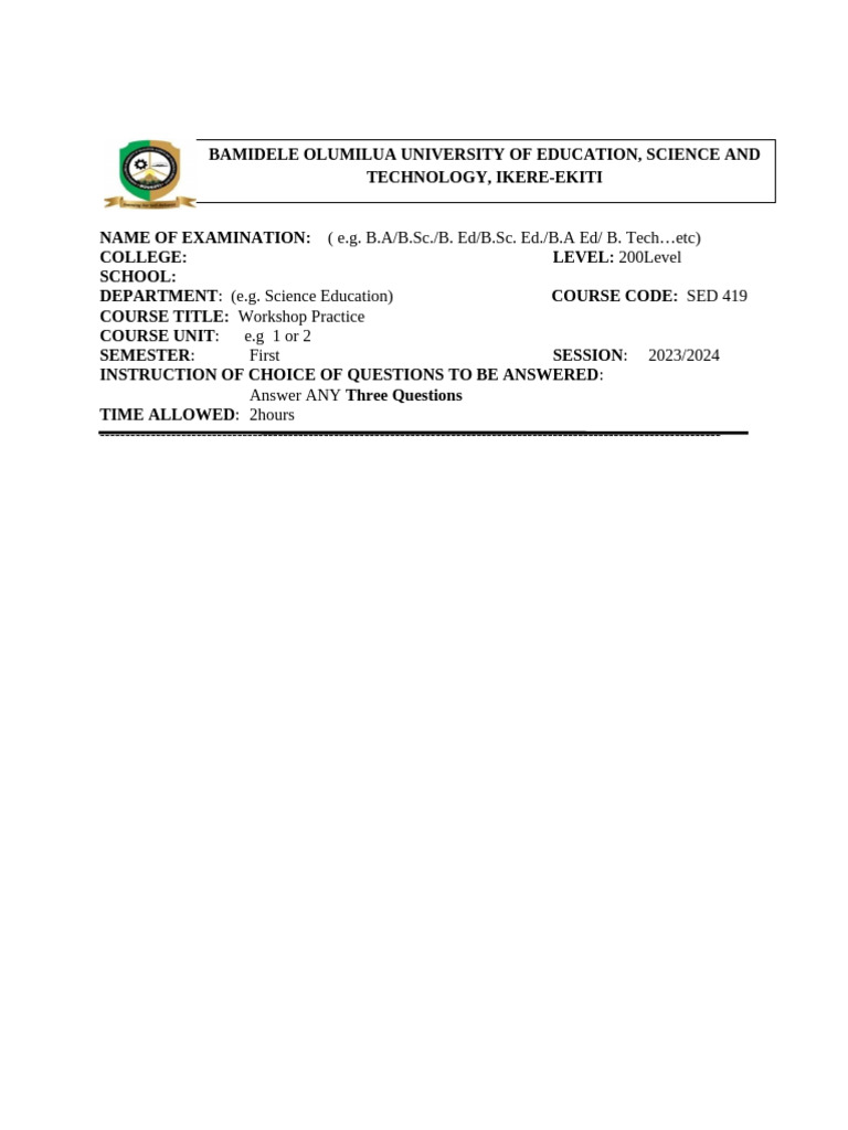 General Heading For Examination Question Sheet | PDF