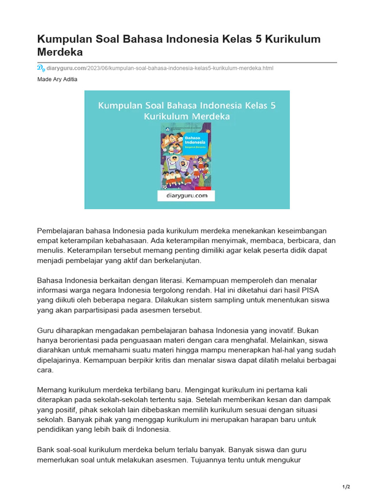 Kumpulan Soal Bahasa Indonesia Kelas 5 Kurikulum Merdeka | PDF