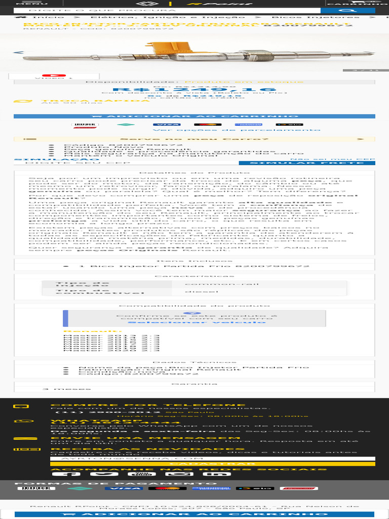 Bico Injetor Partida Frio para Renault Master 13.. 2.3 16v Original ...
