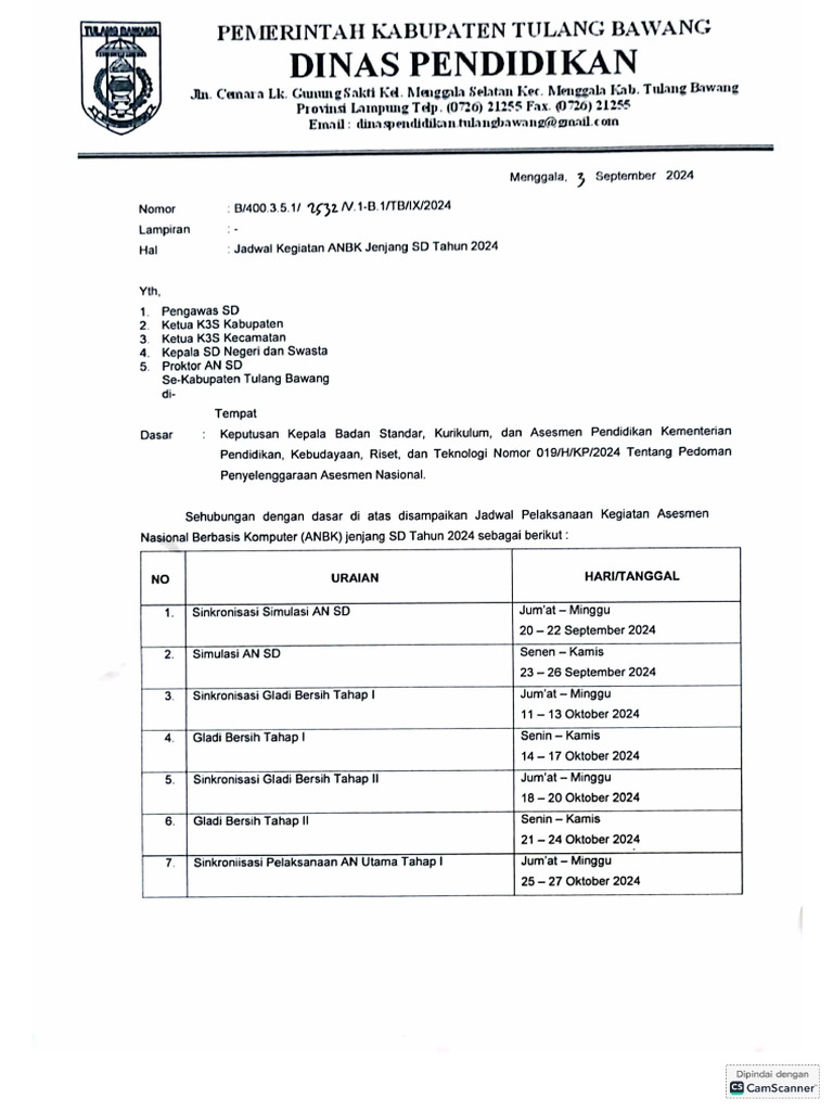 Jadwal Kegiatan ANBK SD 2024 | PDF