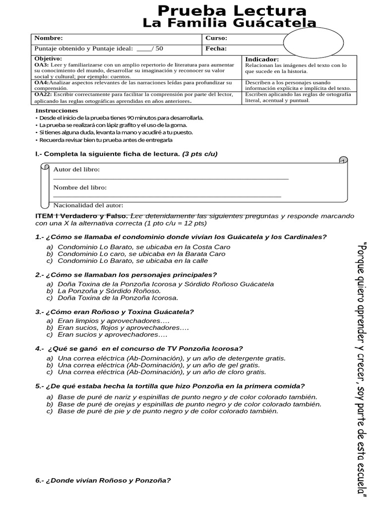 5to Prueba Libro La Familia Guacatela 6to B Mes de Abril Respuesta | PDF