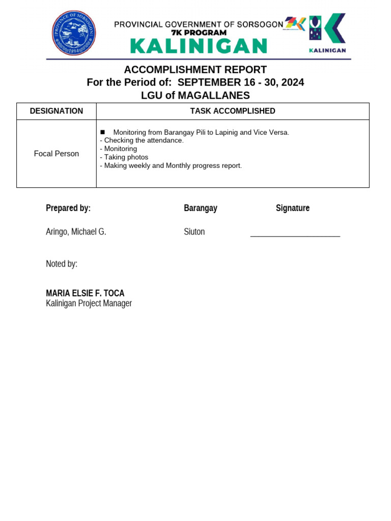 Accomplishment Report For The Period Of: SEPTEMBER 16 - 30, 2024 Lgu of ...