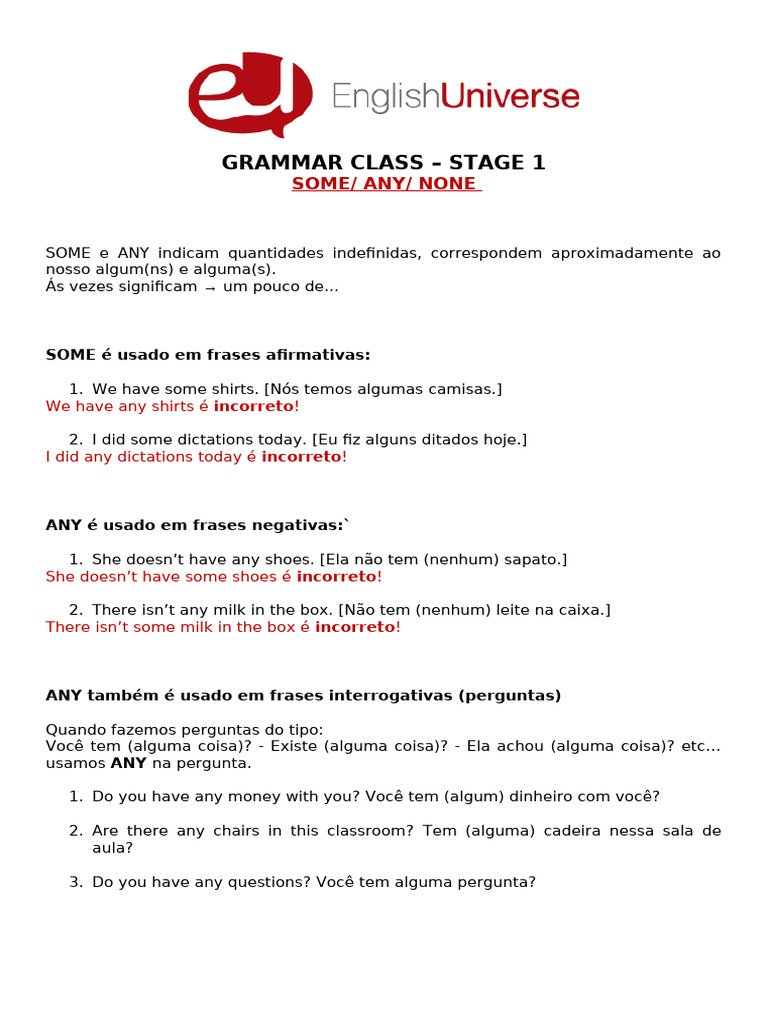 Uso de Some, Any e None em Inglês | PDF