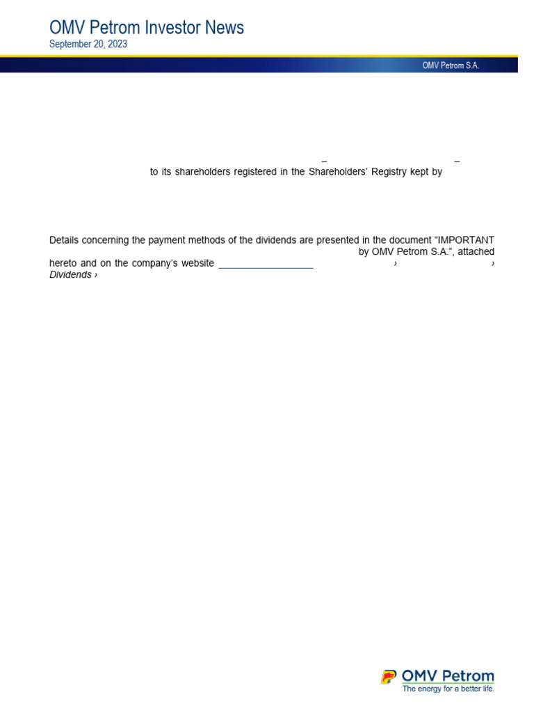 Important Notice Concerning The Payment of Special Dividends in 2023 by Omv Petrom S A | PDF