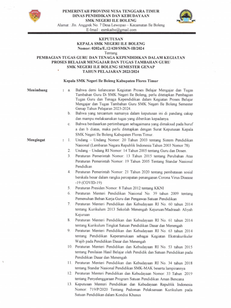 SK Pembagian Tugas Semester Genap 2023-2024 | PDF