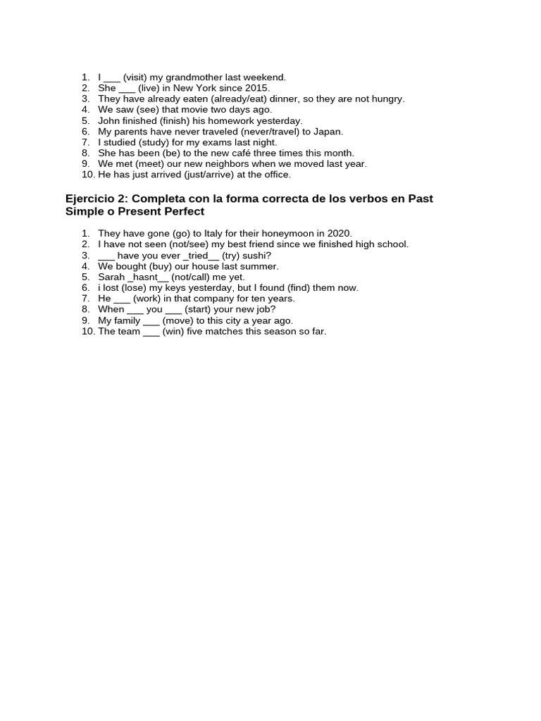 Ejercicios Present Perfect | PDF