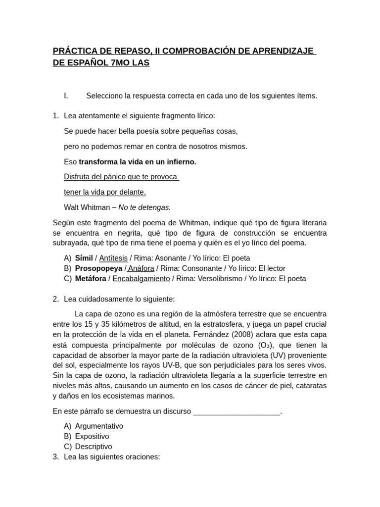 Práctica de Repaso, Ii Comprobación de Aprendizaje de Español 7mo Las | PDF