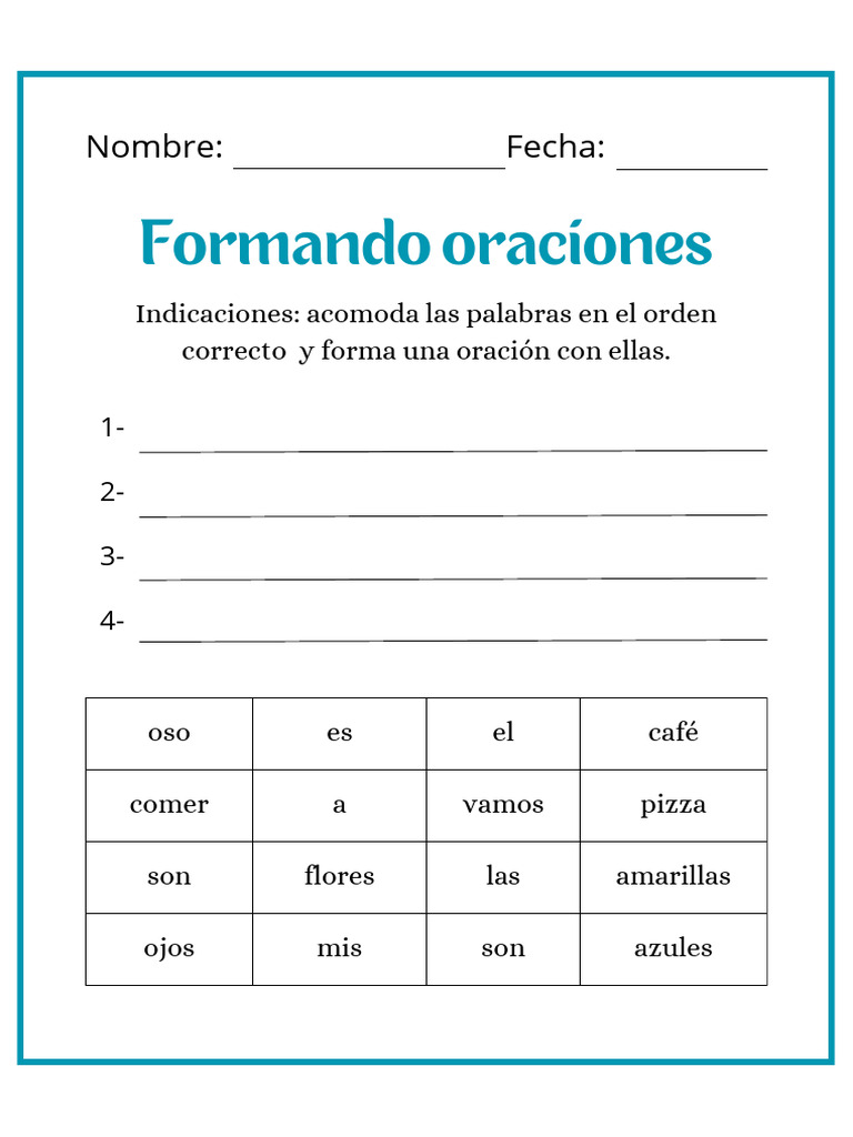 Hoja de Trabajo Formando Oraciones Divertido Azul | PDF