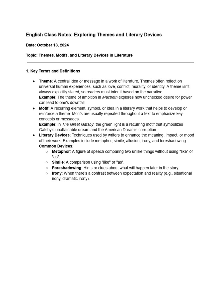 English Class Notes - Exploring Themes and Literary Devices | PDF
