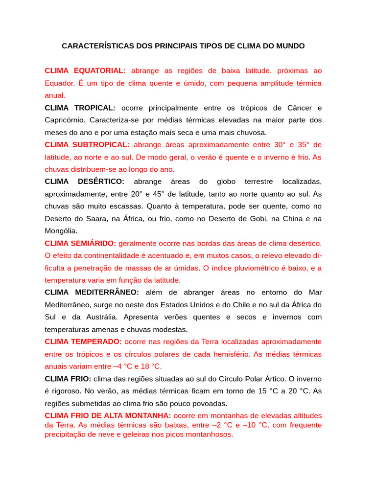 Características Dos Principais Tipos de Clima Do Mundo - 2 Bimestre | PDF