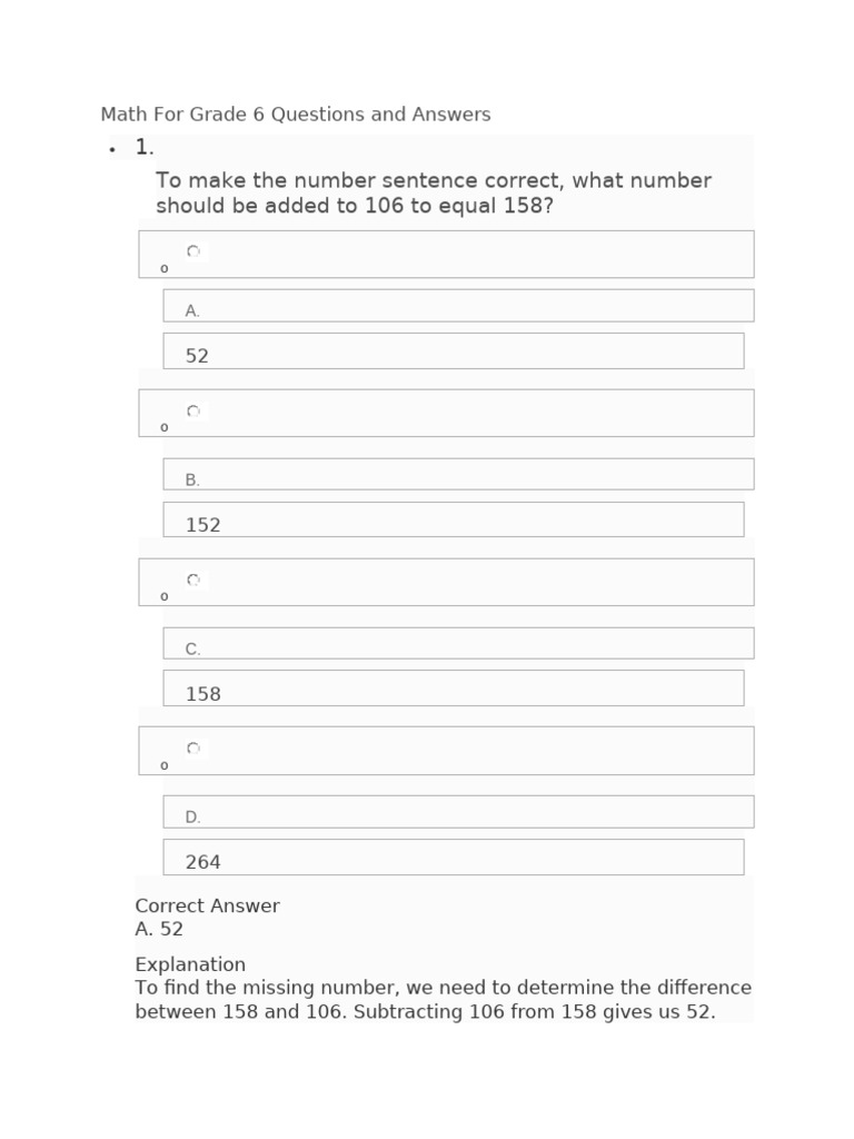 Math For Grade 6 Questions and Answers | PDF