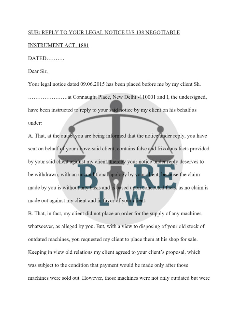 Draft of Reply To Your Notice Under Section 138 of The Negotiable ...