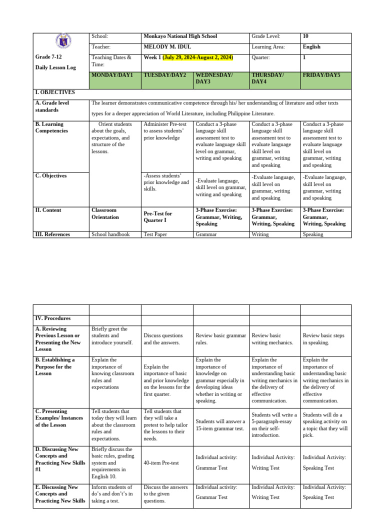Grade 10 Week 1 | PDF | Educational Assessment | Language Arts & Discipline