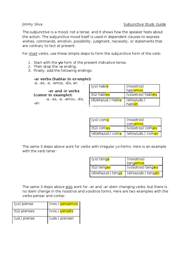 Subjunctive Study Guide-Spanish | PDF | Grammatical Conjugation ...