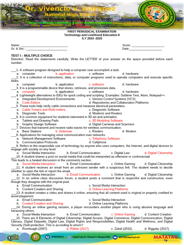 Tle 8 Q1 - Exam Key | PDF