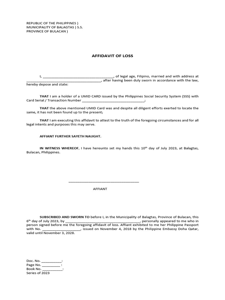 Affidavid of Loss - UMID | PDF
