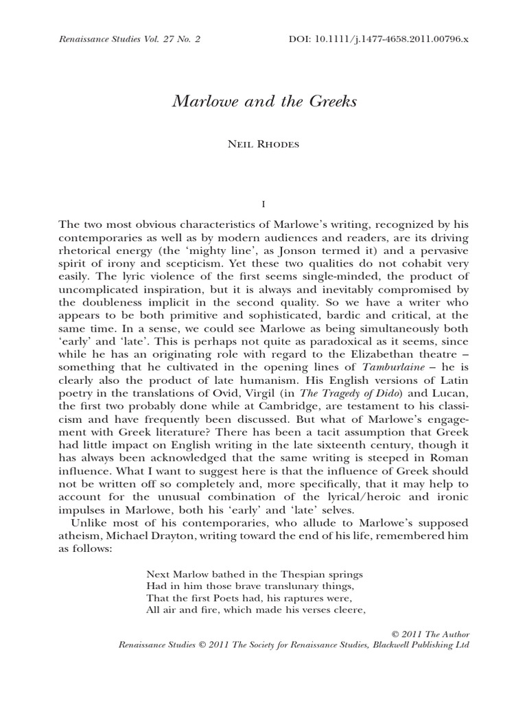 Renaissance Studies - 2011 - RHODES - Marlowe and The Greeks | PDF