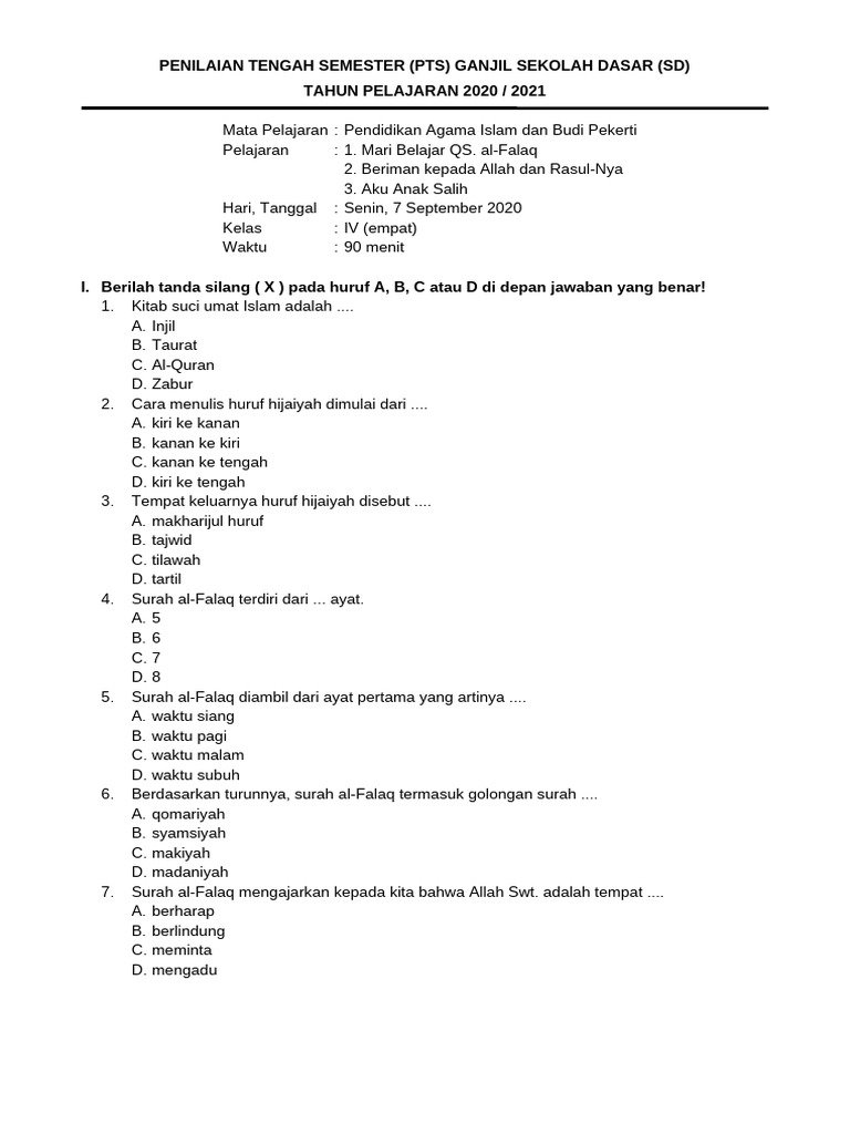 Soal KLS 4 PTS Ganjil Paibp | PDF