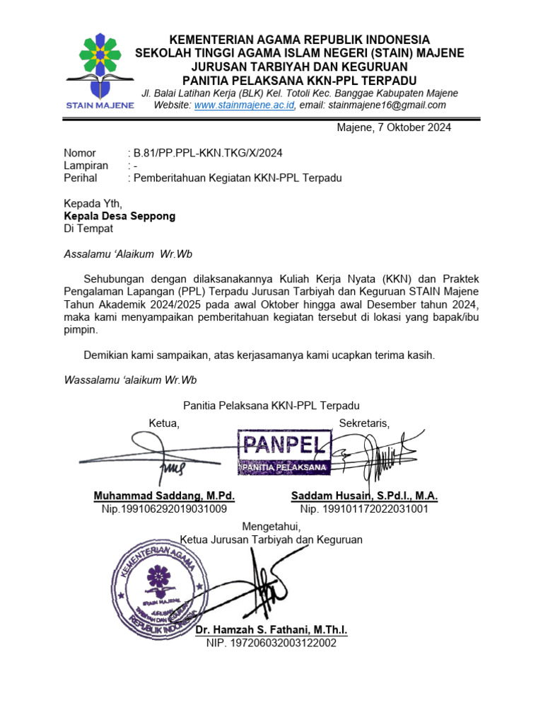 Surat Pemberitahuan Kepala Desa Seppong | PDF