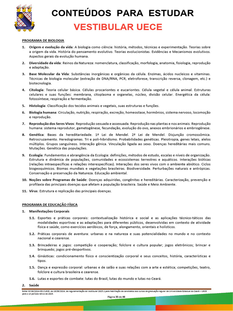 Conteúdos Vestibular Uece | PDF