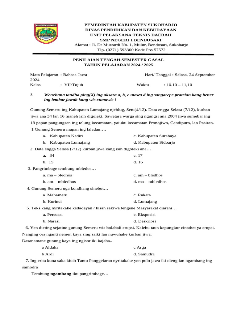 Soal Bahasa Jawa 7 Ats SMT 1 2024-2025 | PDF