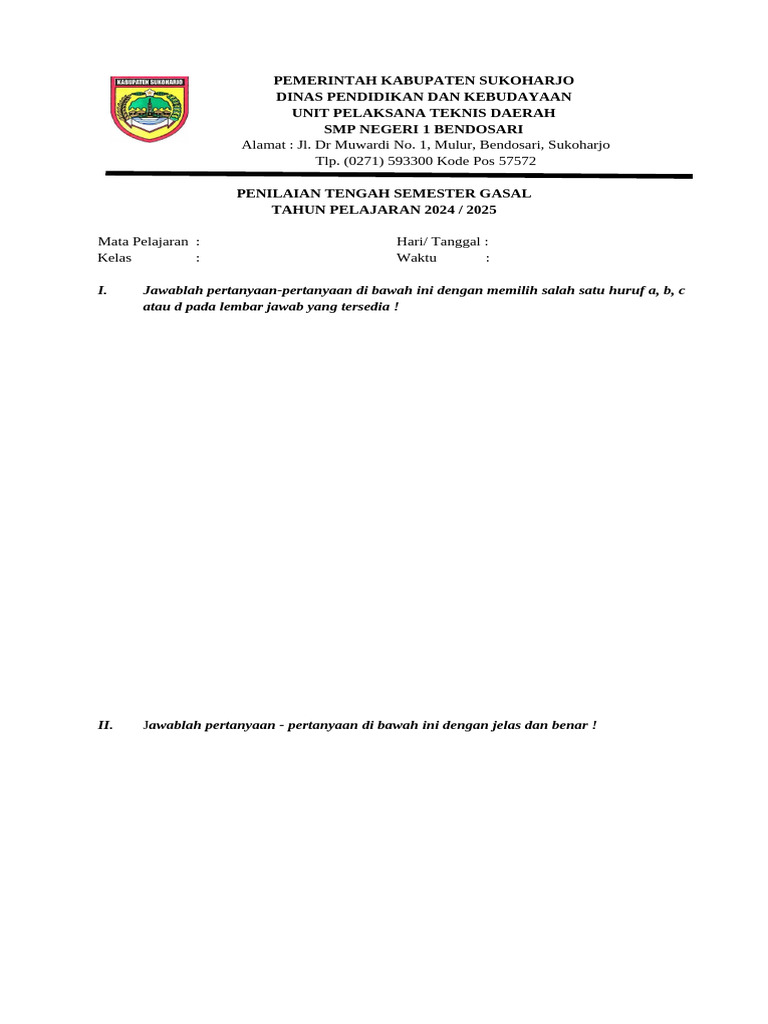 Kop Soal Ats SMT 1 2024-2025 | PDF