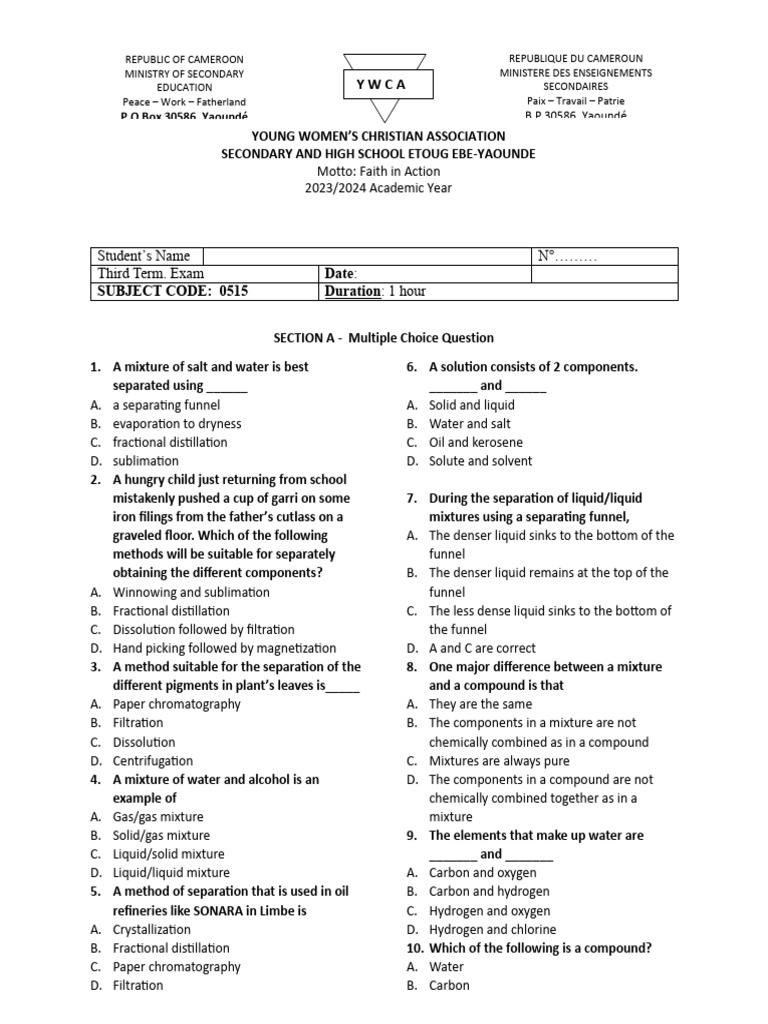 Chem f1 End of Year Exam | PDF | Gases | Mixture
