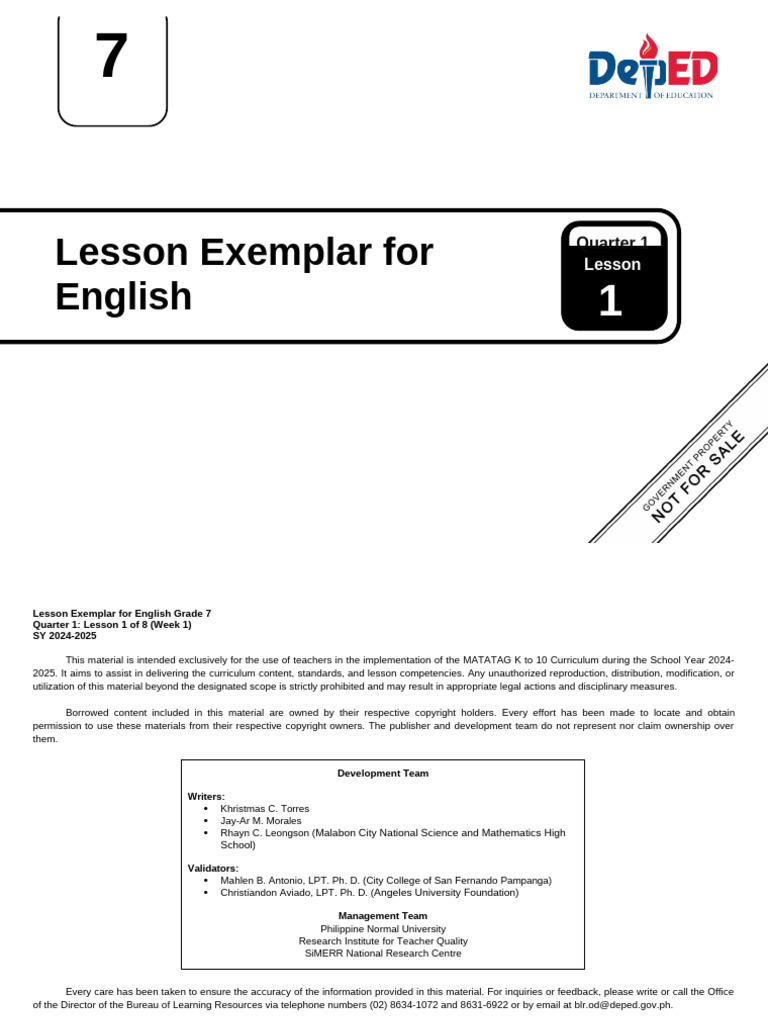 Q1 - LE - English 7 - Lesson 1 - Week 1 MATATAG | PDF